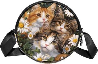 Generic Petit sac &agrave; bandouli&egrave;re rond pour femme, motif marguerites et chats, sac &agrave; dos &agrave; bandouli&egrave;re r&eacute;glable avec fermeture &eacute;clair, sac &agrave; main rond d&eacute;contrac