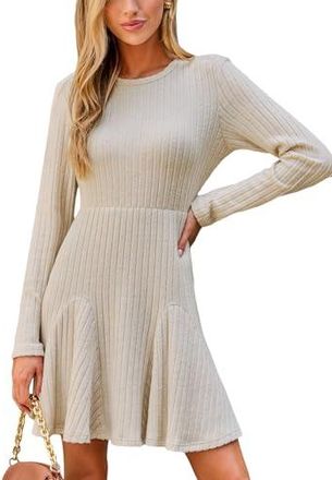 Cupshe Mini robe dautomne à ourlet à volants pour femme, robe dhiver décontractée semi-formelle en tricot côtelé à col rond et manches longues, beige, Taille