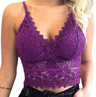 Minetom Sexy Femmes Crop Top Dentelle Débardeur Soutiens-Gorge Dos Nu Camisole Bretelles Bralette Col V sans Manches Shirt B Violet 40