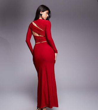 KAIIA Exklusiv - Figurbetontes, doppellagiges Maxikleid in Kirschrot mit Zierausschnitten am R&uuml;cken und langen &Auml;rmeln