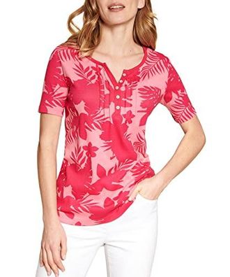 Damart Tee-Shirt Coton Uni Et Imprim&eacute;, Femme, Col Tunisien, Hibiscus Imp, 34/36