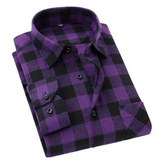 Generic Chemise &agrave; carreaux en flanelle pour homme, manches longues, boutonn&eacute;e, coupe droite, chemisier avec double poches, Chemise &agrave; carreaux violet pour homm