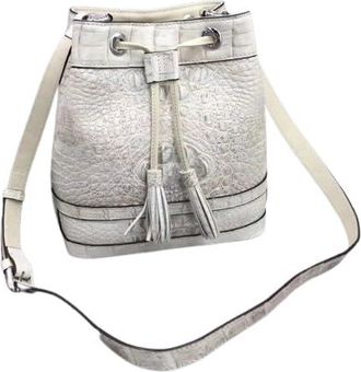 Generic Sac cabas pour femme en cuir de crocodile authentique, fermeture &agrave; cordon, sac seau blanc pour femme, sac bandouli&egrave;re &agrave; pompon en cuir dalligator exot