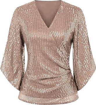 Generic T-shirt &agrave; paillettes pour femme - Manches 3/4 - Col en V - Haut habill&eacute; &agrave; manches longues en coton pour femme, beige, L