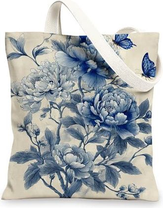 Generic Sac fourre-tout en toile à motif floral élégant, sac à provisions réutilisable, style vintage, léger et lavable, bleu, 13x15 Inch