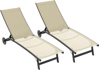 OUTSUNNY Lot de 2 bains de soleil transats inclinables - 2 roulettes - alu. textil&egrave;ne beige kaki