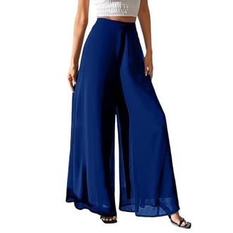 Generic Robe de plage en mousseline de soie pour femme - Pantalon palazzo ample et &eacute;l&eacute;gant - Taille &eacute;lastique avec poches, bleu, XXL