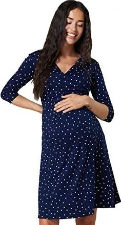 Happy Mama Robe de Grossesse Manches 3/4 Baby Shower 017 (Marine &agrave; Petits Pois Blancs, 42, XL)