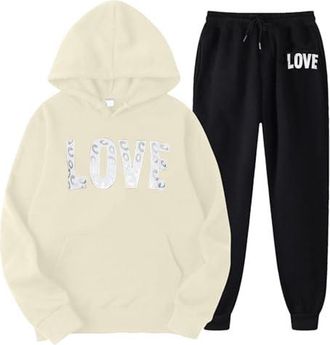 Generic 2026 Ensemble de pantalons pour femmes pour la Saint-Valentin 2026 - Tenues deux pi&egrave;ces imprim&eacute;es - Ensemble assorti &agrave; manches longues - Sweat &agrave; capuc