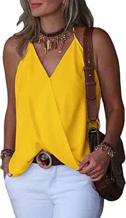 Onsoyours Gilet en Soie pour Femme en Satin Débardeur T-Shirt Spaghetti Bretelles Camisole Col en V Maillot à sans Manches Top Haut Eté B Jaune S
