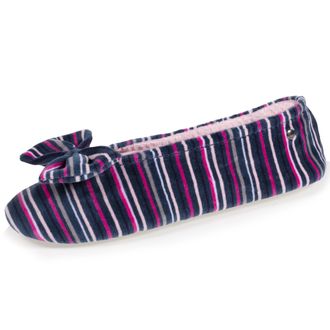 Isotoner Hausschuhe Ballerinas f&uuml;r Damen, sehr bequem, aus Bio-Baumwolle und Sohle aus Leder, gro&szlig;e Schleife, Blaue Streifen, 37/38 EU