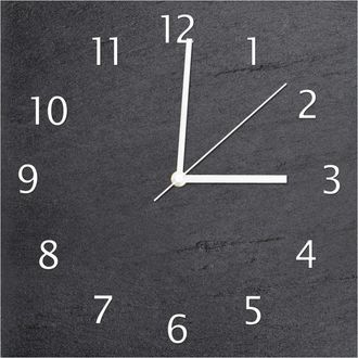Wallario Design-Wanduhr Schwarze Schiefertafel Optik - Steintafel aus Glas, Motiv-Uhr Gr&ouml;&szlig;e 30 x 30 cm, wei&szlig;e Zeiger