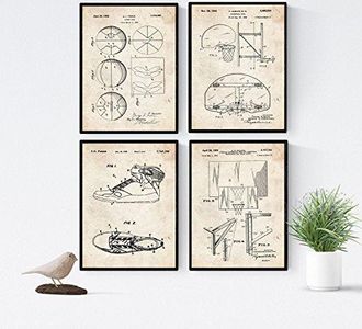 Nacnic Vintage - Pack de 4 feuilles avec Basketball Brevets 2. Panier, chaussure et ballon. Ensemble daffiches avec inventions et anciens brevets. Format A4 
