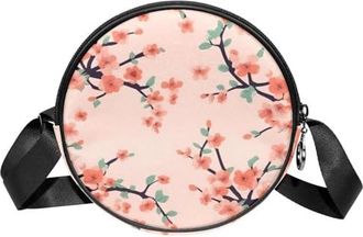 Generic Petit sac &agrave; bandouli&egrave;re rond pour femme, imprim&eacute; fleurs de p&ecirc;cher, sac &agrave; dos avec fermeture &eacute;clair, bretelles r&eacute;glables, sac &agrave; main rond d&eacute;contract&eacute; p