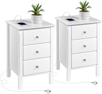 Yaheetech Nachttisch 2er Set Nachtschrank mit Ladestation 3 Schubladen Beistelltisch Boxspringbett Nachtkommode Sofatisch für Schlafzimmer/Wohnzimmer, Weiß