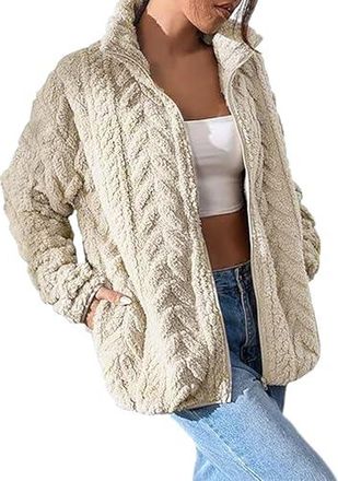 Generic Vestes dhiver en polaire pour femmes 2026 avec fermeture &eacute;clair et col montant avec poches, kaki, XXL