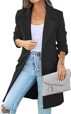 Generic Blazer Long Noir pour Femme, Manteau Tendance à Manches Longues et Revers avec Poches, Coupe Ample, idéal pour Le Travail ou Une Tenue décontractée