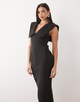 Asos Robe mi-longue en imitation n&eacute;opr&egrave;ne &agrave; &eacute;paules structur&eacute;es - Noir