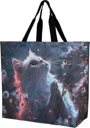 Generic Chat Blanc Dans Les Fleurs Sac Fourre Tout Imperm&eacute;able Sacs De Courses L&eacute;ger Sac Fourre-Tout Pour Plage Voyage Gym