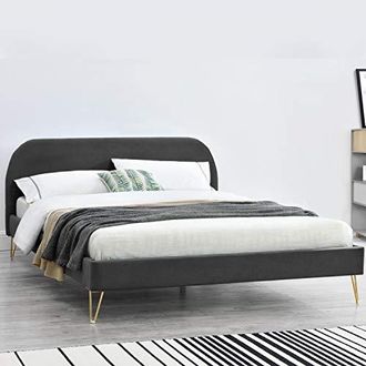 Concept Usine Lit Phoenix Double en Velours Gris avec Sommier à Lattes 2 Places Intégrés - Couchage 160 x 200 cm - Cadre de Lit Scandinave Tendance 2 Personnes - Pi