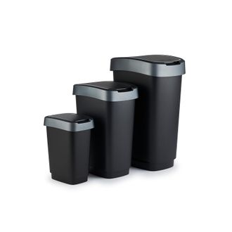 Rotho Twist M&uuml;lleimer-Set, 3 St&uuml;ck, mit Klappdeckel, BPA-frei, schwarz/silber, 10L, 25L und 50L