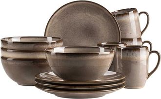 M&auml;ser M&auml;ser Serie Smokys Geschirr-Set f&uuml;r 4 Personen, 12 teiliges Fr&uuml;hst&uuml;ckset im Scandi Look, Steinzeug, braun