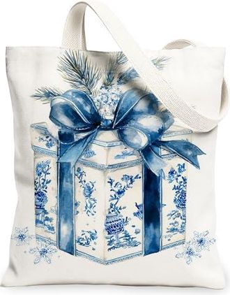 Generic Sacs fourre-tout en toile pour cadeaux de No&euml;l, motif floral vintage, sacs de courses r&eacute;utilisables, &eacute;l&eacute;gants, l&eacute;gers et lavables en toile pour vacanc