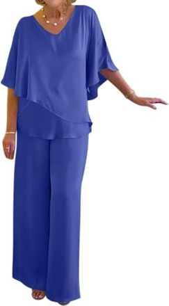 TOMWELL Ensemble Femme 2 Pièces Pantalons Costume De Soirée Taille Haute Costume en Tulle Elegant Outfits Suit Ensemble Couleur Unie V Cou Ourlet Irrégulier C