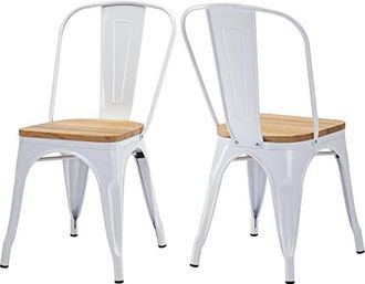 Duhome Chaise de Salle &agrave; Manger Lot de 2 Chaise de Cuisine Empilable Tabouret en M&eacute;tal Si&egrave;ge avec Dossier pour Bar Caf&eacute; Salon Restaurant, Blanc+Bois