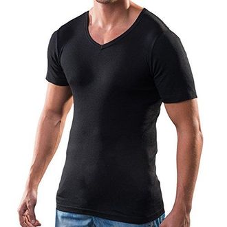 Hermko 16488 Maillot de Corps Homme Manches Courtes Business avec Col en V en Coton/Modal, Taille:4 (L), Couleur:Noir