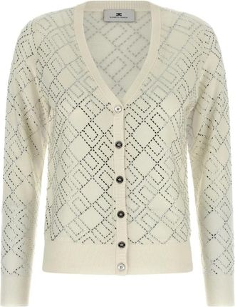Elisabetta Franchi Femme, Pulls, Blanc, Taille: 42 FR Cardigan en laine avec cristaux
