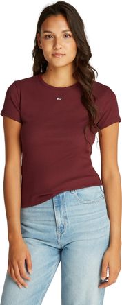 Tommy Jeans Damen T-Shirt Kurzarm Essential Rib Slim Fit, Rot (Deep Rouge), XL