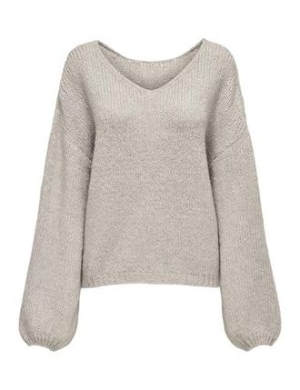 Jacqueline de Yong Pull Femme col en V Manches Longues &eacute;paules d&eacute;nud&eacute;es Doux Coupe Classique, Couleurs:Gris-Claire, Taille:L