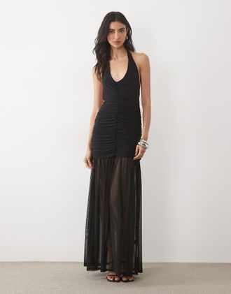 Asos Neckholder-Maxikleid mit Raffungen und transparentem Rock in Schwarz