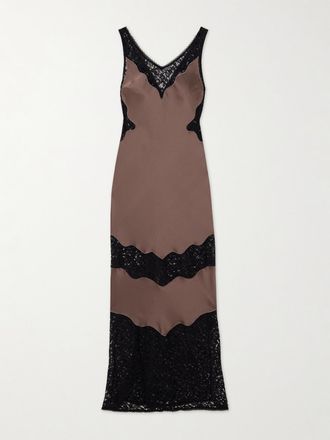 SIMKHAI Slipdress Aus Gl&auml;nzendem Cr&ecirc;pe Mit Spitzenbes&auml;tzen - Braun