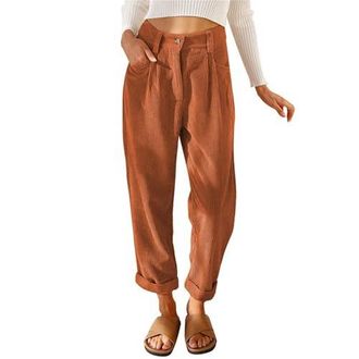 Generic Pantalon vintage d&eacute;contract&eacute; en velours c&ocirc;tel&eacute; taille haute avec poches pour femme, Orange, XXL