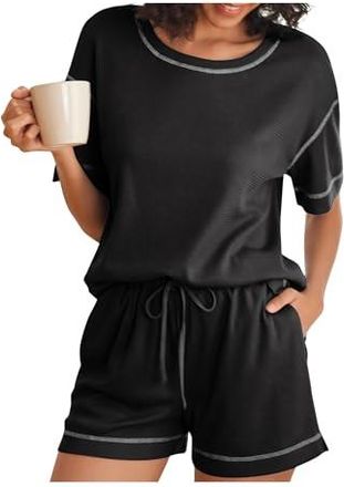 Ekouaer Pyjama Femme à Manches Courtes Été Ensemble de Pyjama Femme Col Rond Pyjama Short Femme avec Poches 2 Pièce Noir