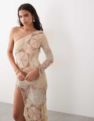Asos Robe longue asym&eacute;trique fendue en crochet &agrave; perles - Pastel-multicolore