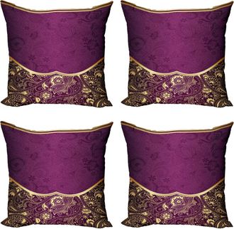 Abakuhaus orientalisch Kissenbezug Set (4 St&uuml;ck), Oriental Blumenwirbel, moderner doppelseitiger Digitaldruck, 60 cm, Fuchsia Pale Yellow Plum
