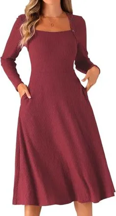 Allegra K Robe Pull Tricotée pour Femmes Décontractée Col Carré Robes Trapèze avec Poches Bourgogne L