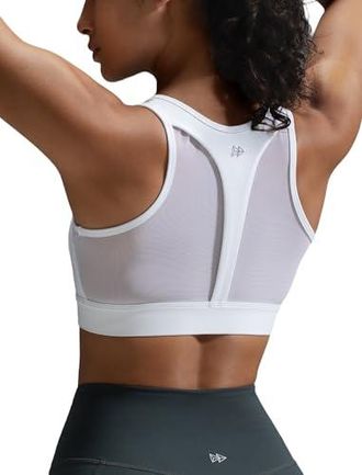 Yvette Sports Soutien Gorge de Sport Femme Zipper Haut Maintien Grande Taille Dos Nageur sans Armature Coques Int&eacute;gr&eacute;es Id&eacute;ale pour Gym Fitness Blanc XL
