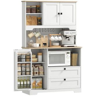 HOMCOM Buffet Haut de Cuisine 162 cm, Meuble de Rangement avec 2 placards, 2 tiroirs, Porte-&eacute;pices, Passe-c&acirc;bles, &eacute;tag&egrave;res r&eacute;glables, Plateau pour Micro-Onde