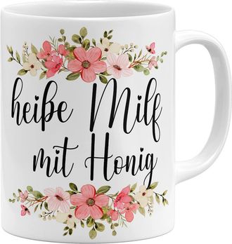 OM3 heiße Milf mit Honig Kaffee-Tasse mit Spruch - Lustige Mama Keramiktasse für werdende Mütter - Freundin Ehefrau - Blumig - Keramik Becher - 325ml - Be