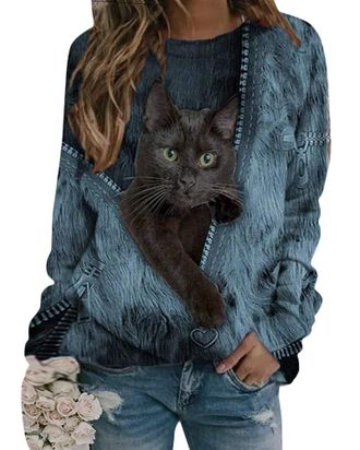 TOMWELL Langarmshirt Damen Sweatshirt Winter Tshirt Langarm Top Cartoon 3D Druck Katzen-Muster Langarmshirt Weihnachten Pulli Freizeit Bluse Herbst Shirts Hem