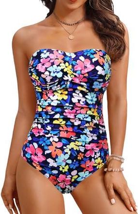Yonique Maillot de bain une pi&egrave;ce sans bretelles pour femme - Contr&ocirc;le du ventre - Bandeau amincissant - Torsade sur le devant, Motif floral color&eacute;., Taille L