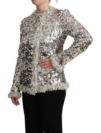 Dolce & Gabbana Womens Silver Sequined Shearling Long Sleeves Jacket Nylon Clothing