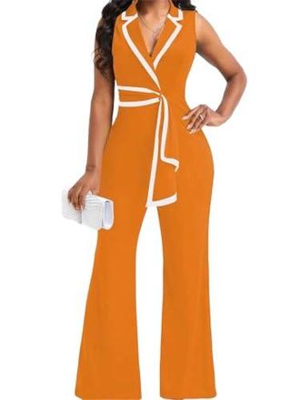 Generic Combinaison de bureau sans manches &agrave; col en V pour femme - Pantalon d&eacute;contract&eacute; pour printemps, Orange, XL