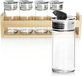 Com-Four 6-teiliges Gew&uuml;rzstreuer Set - Gew&uuml;rzgl&auml;ser mit Deckel im Holzregal - Salz und Pfeffer Streuer f&uuml;r K&uuml;che und Aufbewahrung im modernen Design (6-teilig