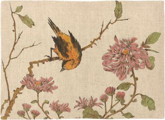 Fabulous Tischset aus Leinen - Vogel auf einem Ast, mit Blumenmotiv, japanische Bl&uuml;tenbl&auml;tter, Stoff, gro&szlig;es Format, 40 x 28,5 cm