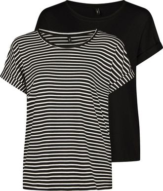 Only Tshirt Damen Bluse Top ONLMOSTER 2er Pack Regular Fit Rundhals Basic Kurzarm Shirt Streifen, Gr&ouml;&szlig;e:XXL, Farbe:Black w/cd Stripes